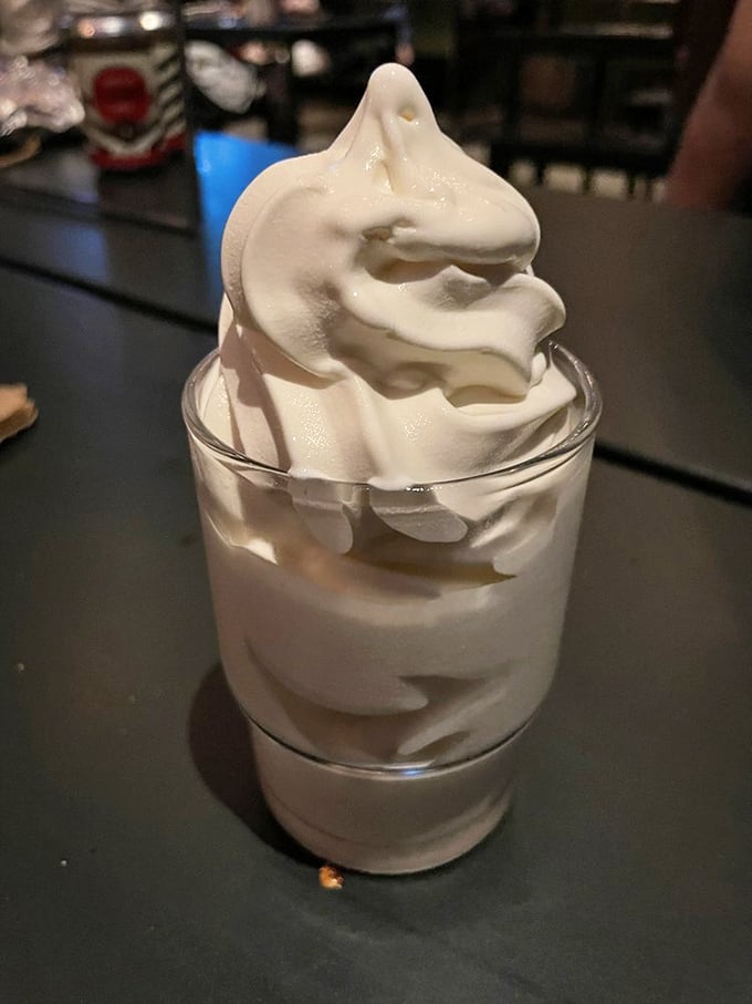 The soft serve ice cream stands tall and proud—a creamy exclamation point at the end of your pizza sentence.