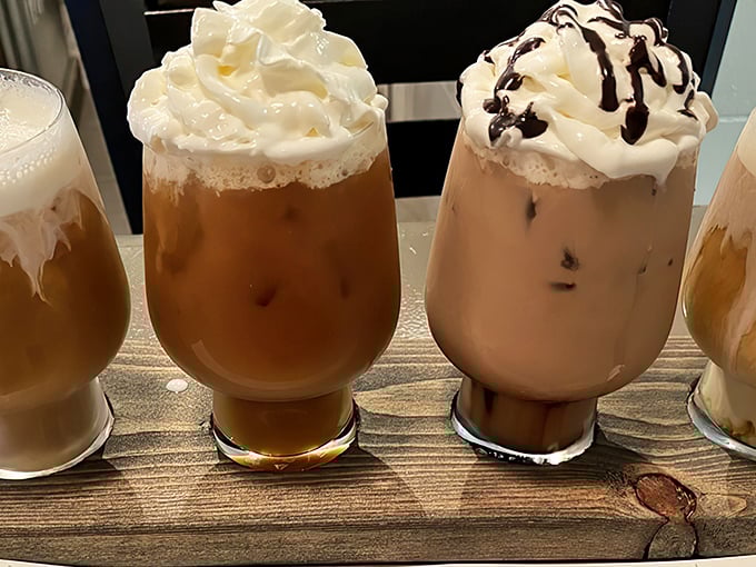An iced coffee flight that proves indecision can sometimes be the best decision. One creamy, one classic, all delightful—it's like a coffee shop in miniature.