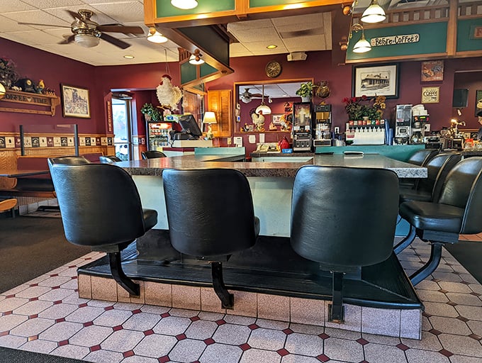 A "Welcome" sign and decorative rooster greet you at the entrance—the universal symbols for "good food served with zero pretension ahead."