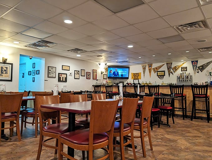 Sports memorabilia and family photos line the walls, telling the story of a place that's as much community center as restaurant
