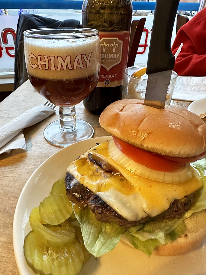 When beer meets burger, magic happens. That Chimay isn't just accompanying your meal—it's elevating the entire experience to something transcendent.