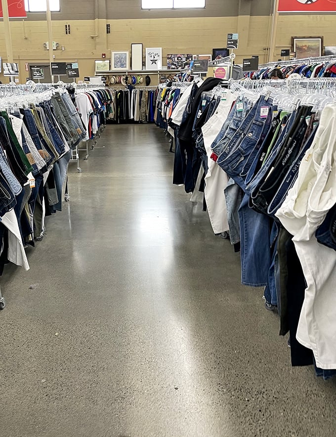 Denim alley stretches into infinity—a blue jean lover's dream where finding your perfect pair feels like winning the lottery.