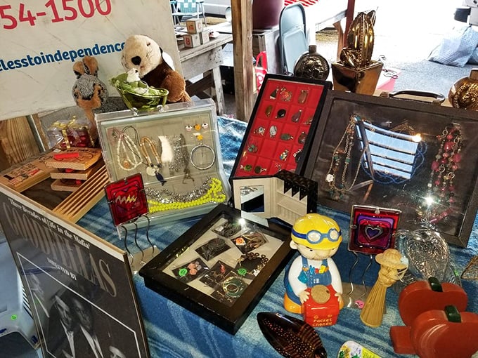 Minions, jewelry, and knickknacks living together in perfect harmony—like a garage sale curated by a very eclectic collector.