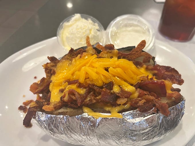 A loaded baked potato that's dressed for a night on the town. Cheese, bacon, and potato in their natural habitat—together forever.