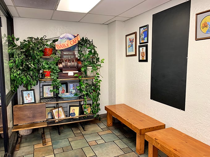The entrance area's vintage touches and family photos tell you this isn't just a restaurant – it's someone's pride and joy.