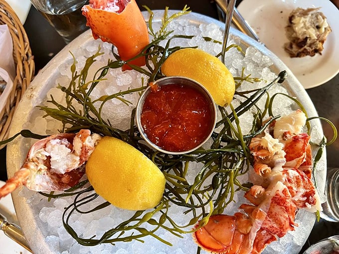This lobster cocktail isn't just seafood—it's ocean royalty holding court on a bed of ice. The presentation alone is worth the trip.