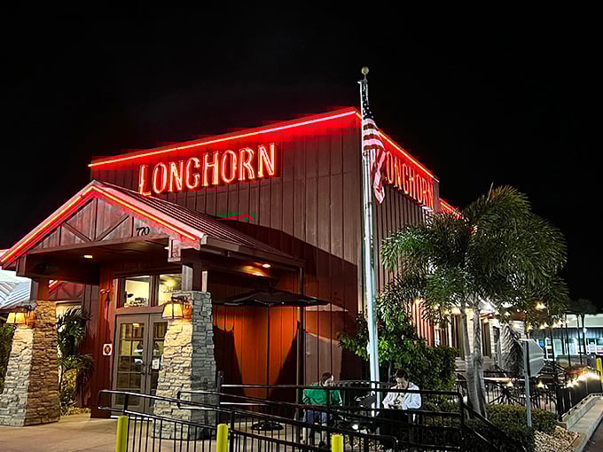 LongHorn Steakhouse glows invitingly at dusk, perfect for those "we're celebrating Social Security deposit day" dinners without breaking the monthly budget.