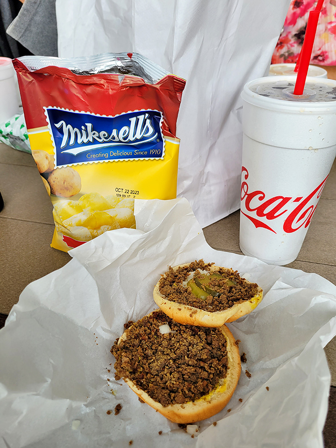 The complete Maid-Rite experience: A loose-meat sandwich, chips, and a cold drink—America's holy trinity of lunch satisfaction.
