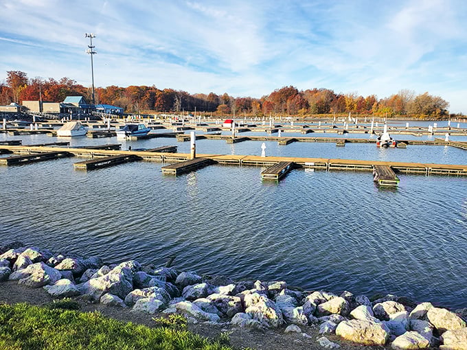 The marina at Geneva State Park resembles a floating neighborhood, where boats bob in their slips like chatty neighbors leaning over backyard fences.