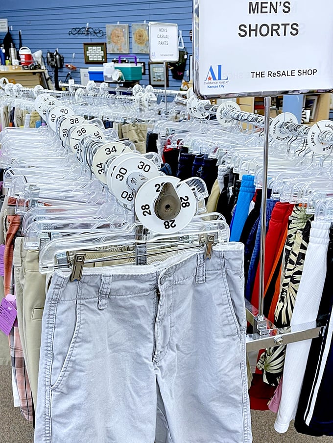 Men's shorts organized by size—because life's too short to waste time hunting for the right fit.