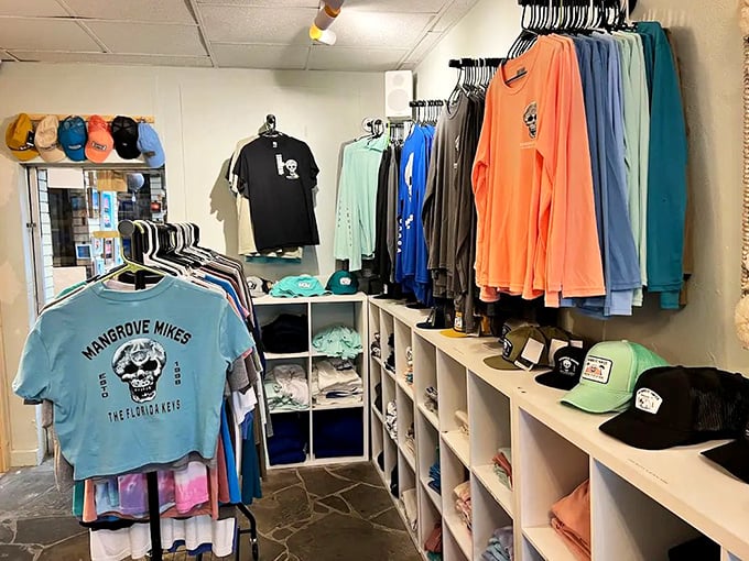 The merch corner proves the old adage: come for the tater tots, leave with a skull-adorned t-shirt that screams "I vacationed deliciously."
