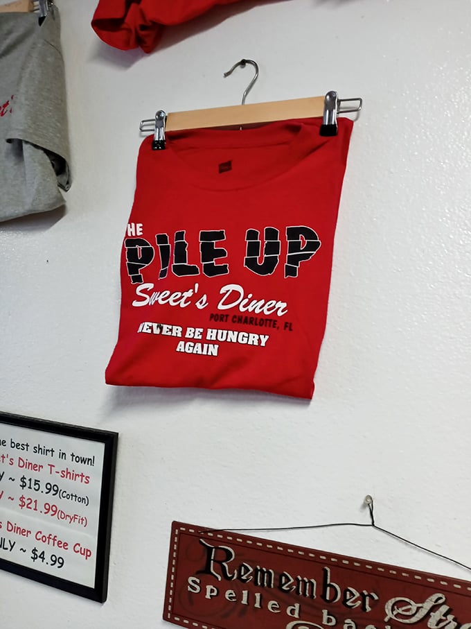 "The Pile Up" t-shirts speak truth—you'll never leave hungry after tackling Sweet's generous portions that challenge even the heartiest appetites.