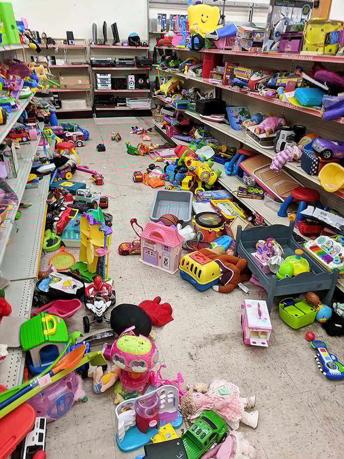 The toy section looks like Christmas morning after the unwrapping frenzy. One child's outgrown plaything becomes another's new adventure.