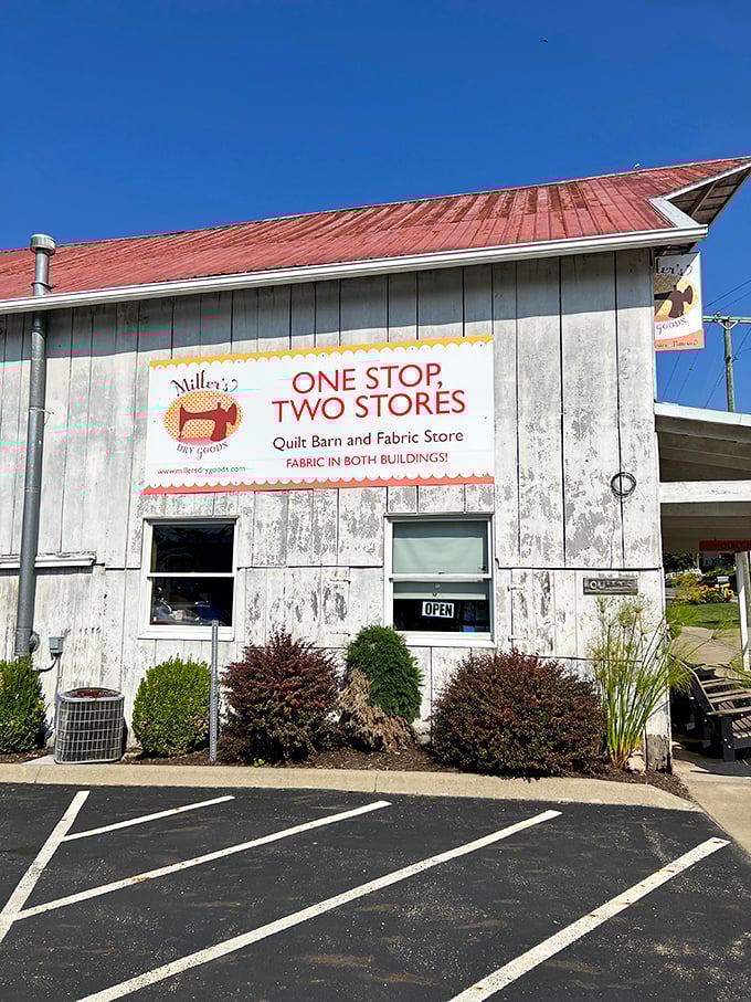 Miller's Dry Goods proudly announces its dual-store status – because in Charm, even the quilt and fabric shops understand the value of efficiency.
