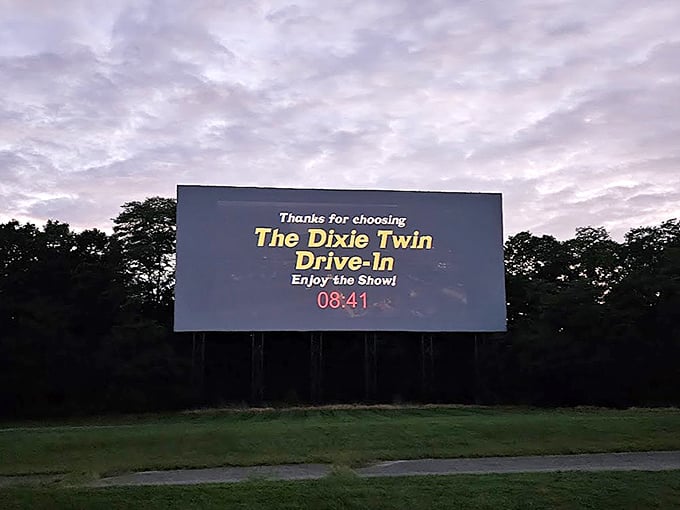 "Thanks for choosing The Dixie Twin Drive-In"—eight minutes until showtime and the anticipation is deliciously palpable.