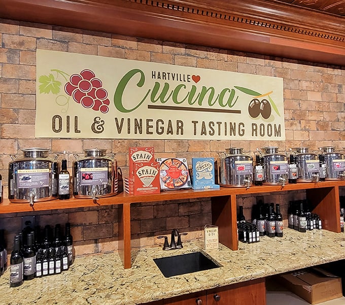 The oil and vinegar tasting room proves that Hartville isn't just about comfort food—it's where tradition meets culinary adventure.