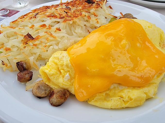 This omelet draped in melted cheese alongside crispy hash browns proves that sometimes the most photogenic food isn't fancy—it's just perfectly executed.