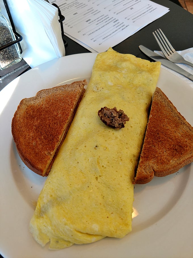 This omelet doesn't just sit on the plate – it lounges there confidently, knowing it's about to make your morning infinitely better.