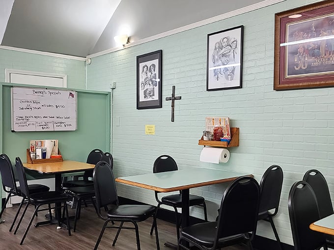 Simple tables, mint-green walls, and conversations that matter – where smartphones take a backseat to actual human connection.