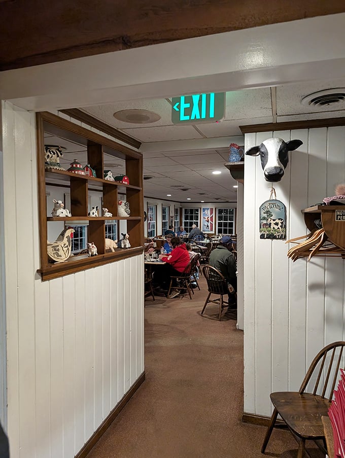 Cow-themed decor watches over diners—a charming reminder that great dairy makes for great breakfast in this countryside haven.
