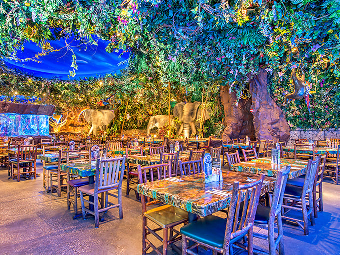 Elephants that never forget to pose for photos stand guard over diners enjoying their meals in this meticulously crafted jungle fantasy.