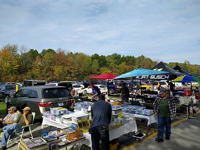 The outdoor market in full swing, where folding tables become retail spaces and parking lots transform into community gathering spots.