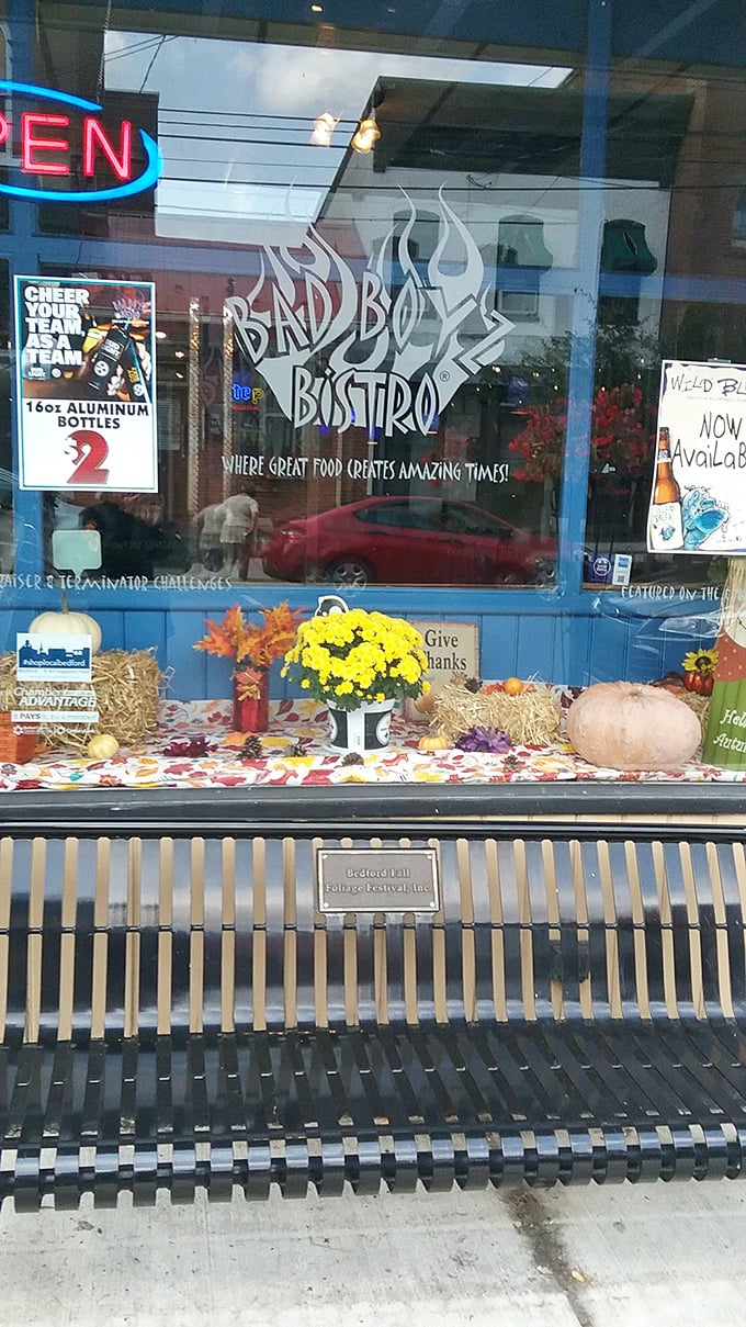 Even the window display celebrates the seasons. Fall decorations welcome you before you've even stepped inside for your burger fix.