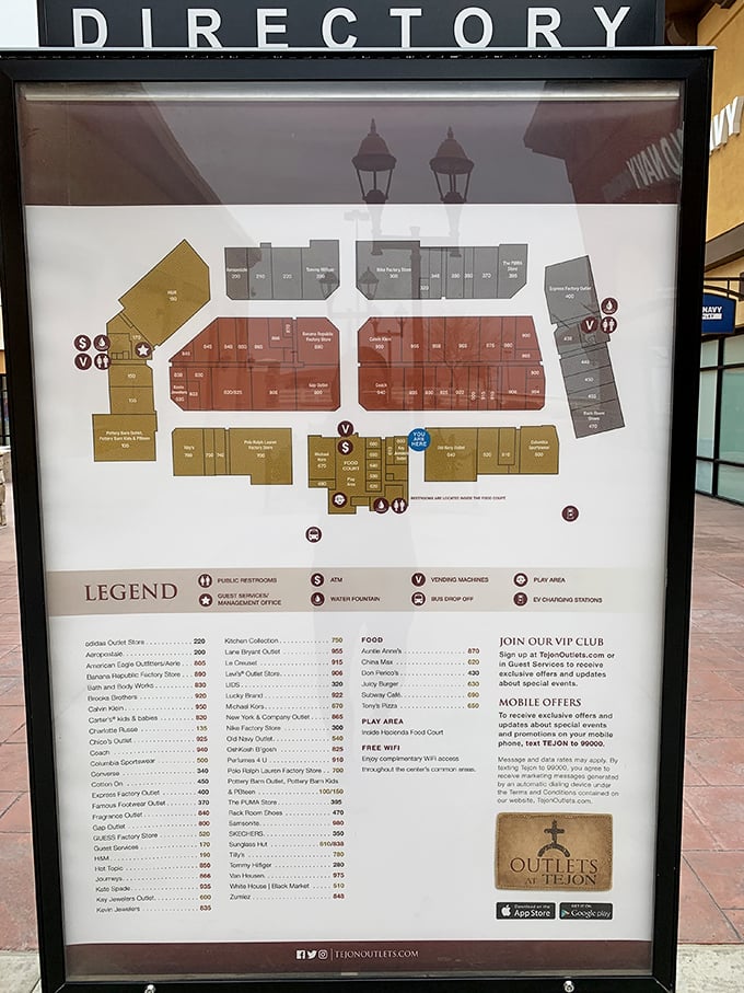 The outlet directory—a treasure map for the modern shopper, revealing where X marks the spot for everything from Calvin Klein to Cinnabon.