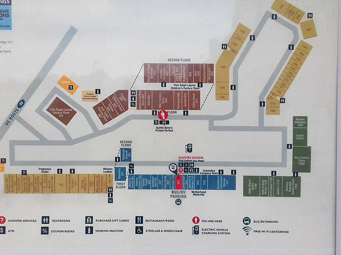 The outlet mall map—a treasure chart for modern pirates hunting for booty in the form of half-priced cashmere.