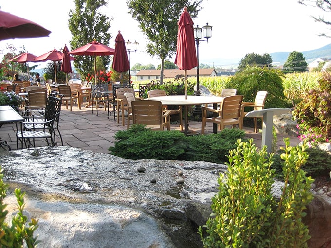Outdoor seating with mountain views and a water feature—because good food deserves good scenery. Nature's dining room awaits.