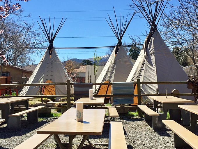 Outdoor dining with a twist—these teepees and picnic tables offer a uniquely Tehachapi experience for enjoying your BBQ under open skies.
