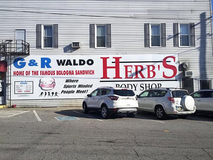 The side of the building proudly announces G & R's claim to fame—no marketing consultant needed when your bologna sandwich is legendary.
