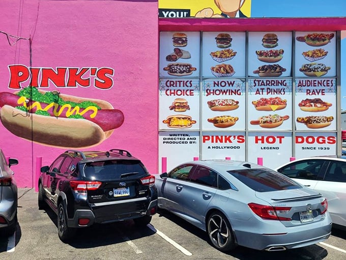 Even the parking lot screams "Hollywood"—where else would hot dogs get the movie poster treatment they've always deserved?