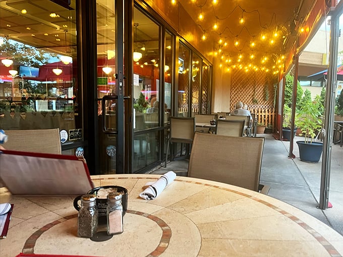 The patio offers al fresco dining under twinkling lights—the perfect setting for those magical Santa Fe evenings.