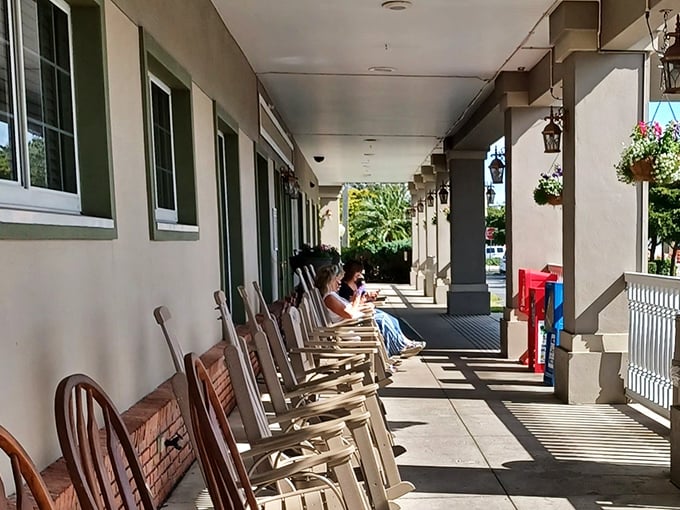 The front porch rocking chairs invite you to sit a spell after your feast—the perfect spot to contemplate whether you have room for pie.