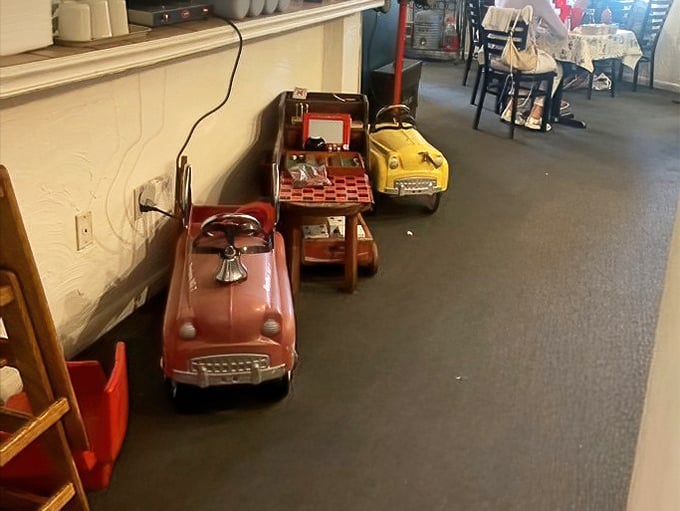 Those vintage pedal cars aren't going anywhere fast, which is perfect because neither are you after this meal.