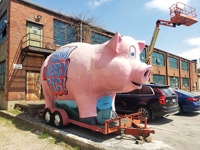 This magnificent "BIG BOBBY PIG" once enticed hungry travelers off highways across America – roadside architecture at its most whimsical.
