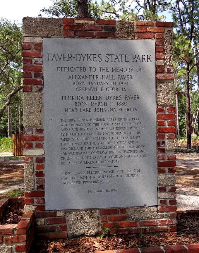 History carved in stone—a reminder that the best gifts aren't wrapped in paper but preserved in acres of wild Florida beauty.