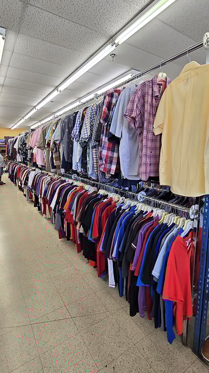 The shirt section—organized with military precision. Finding your size is less treasure hunt, more "grab and go" efficiency.