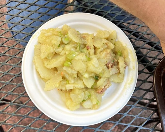 German potato salad done right—vinegary, warm, and studded with bacon bits. This isn't your supermarket deli counter's sad side dish.