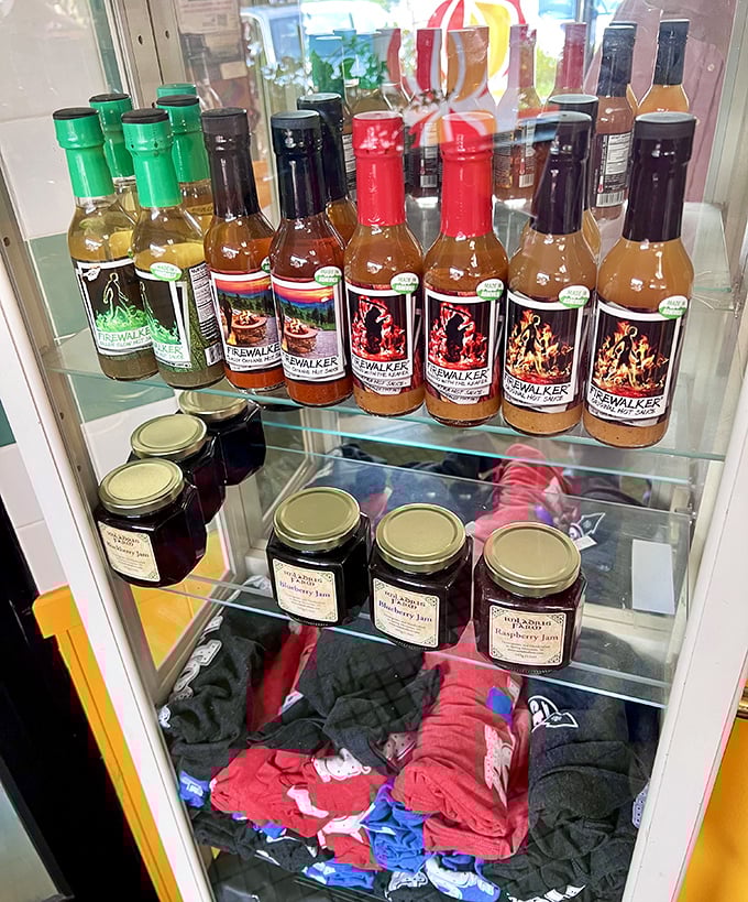 Local hot sauces and jams line the shelves – edible souvenirs that let you take a taste of Fairview home.