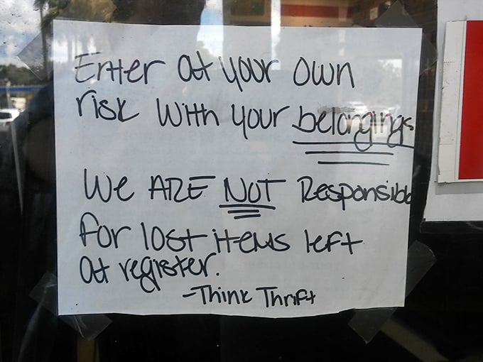 The handwritten warning adds charming authenticity. In the world of thrifting, you're responsible for your belongings—and your impulse purchases. 