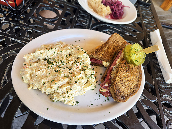 This Reuben sandwich and potato salad duo proves that German-American fusion isn't just possible—it's necessary for a complete life.