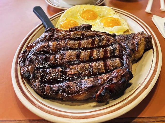 A ribeye that would make Ron Swanson proud. When breakfast for dinner means steak and eggs, you know you're living right.