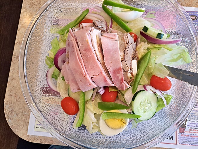 A diner salad that defies expectations—fresh, colorful, and generous enough to make you momentarily forget about the pie case.