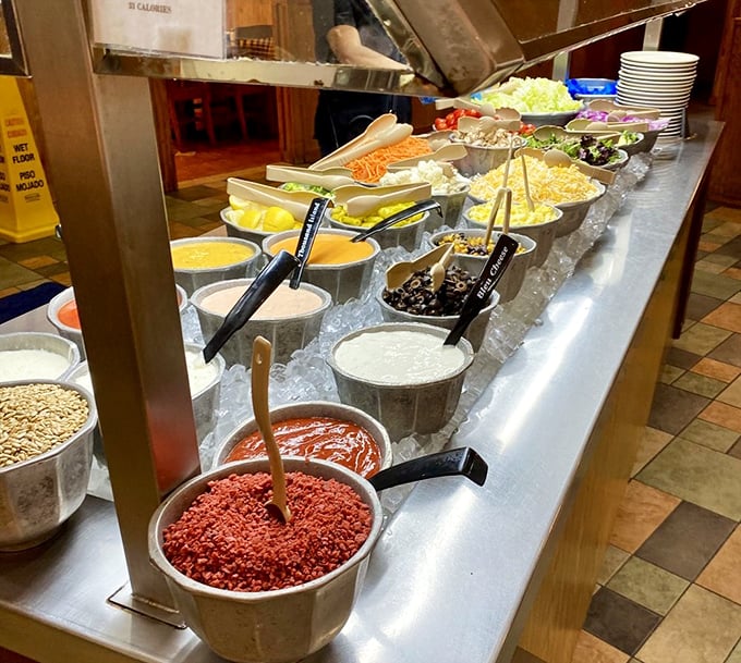 The salad bar—where good intentions go to die beneath ladles of ranch dressing and bacon bits.