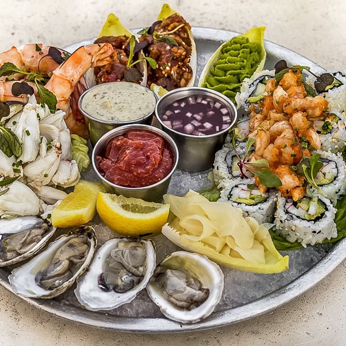 The Admiral's Plateau isn't just seafood—it's an oceanic United Nations where oysters, shrimp, and sushi gather in delicious diplomacy.