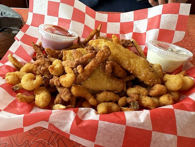 This seafood basket isn't just fried goodness—it's a golden-brown treasure chest of crispy delights that Captain Hook would gladly sacrifice his other hand for.
