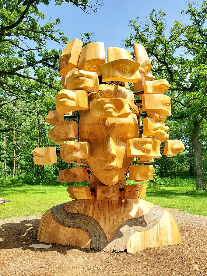 This fragmented wooden portrait looks like someone tried to capture the essence of thinking itself—all those ideas literally bursting from the mind.