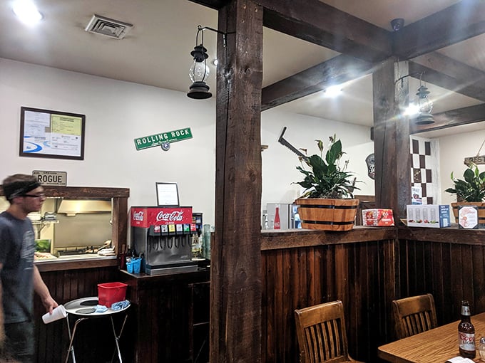 Rustic beams and practical service areas—this place wasn't designed by an Instagram influencer, but by someone who understands real hospitality. 